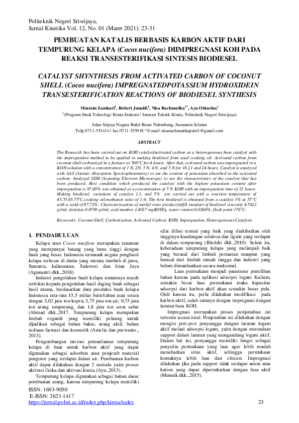 (PDF) PEMBUATAN KATALIS BERBASIS KARBON AKTIF DARI TEMPURUNG KELAPA (Cocos nucifera ...