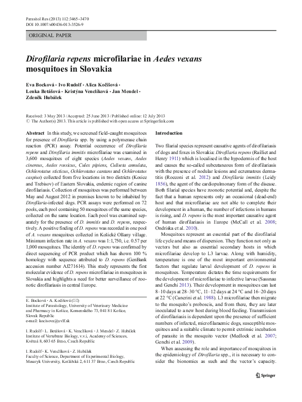 (PDF) Dirofilaria repens microfilariae in Aedes vexans mosquitoes in ...