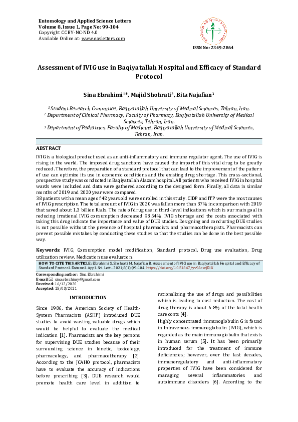(PDF) Assessment of IVIG use in Baqiyatallah Hospital and Efficacy of ...