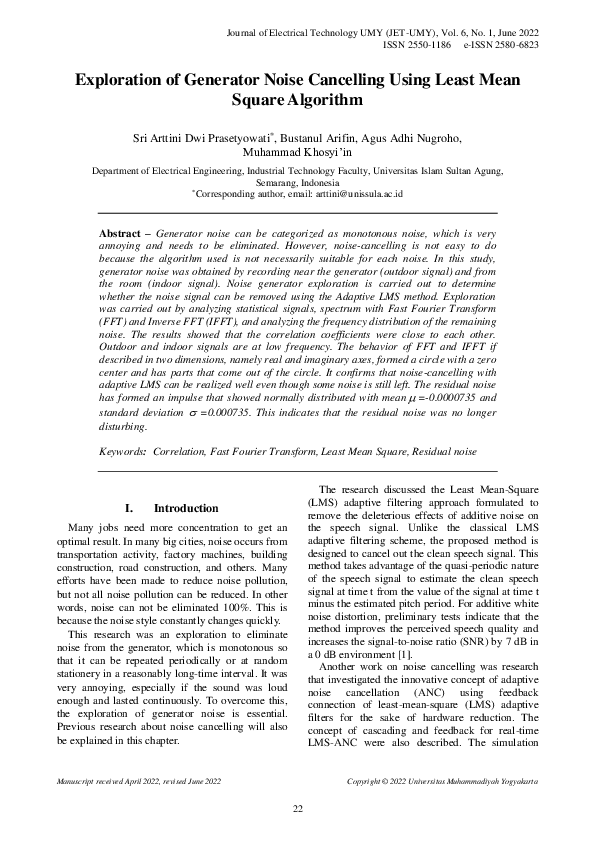 Pdf Exploration Of Generator Noise Cancelling Using Least Mean Square Algorithm