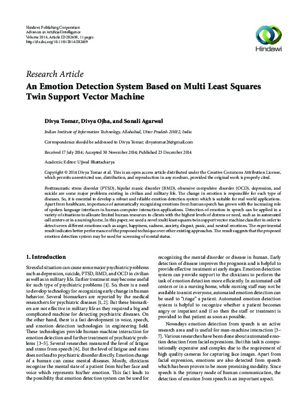 Pdf An Emotion Detection System Based On Multi Least Squares Twin Support Vector Machine 1241