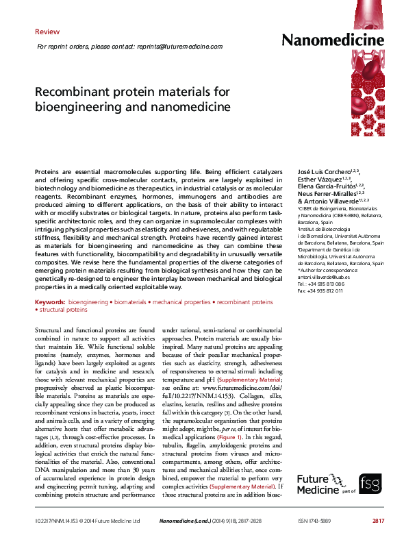 (PDF) Recombinant protein materials for bioengineering and nanomedicine ...