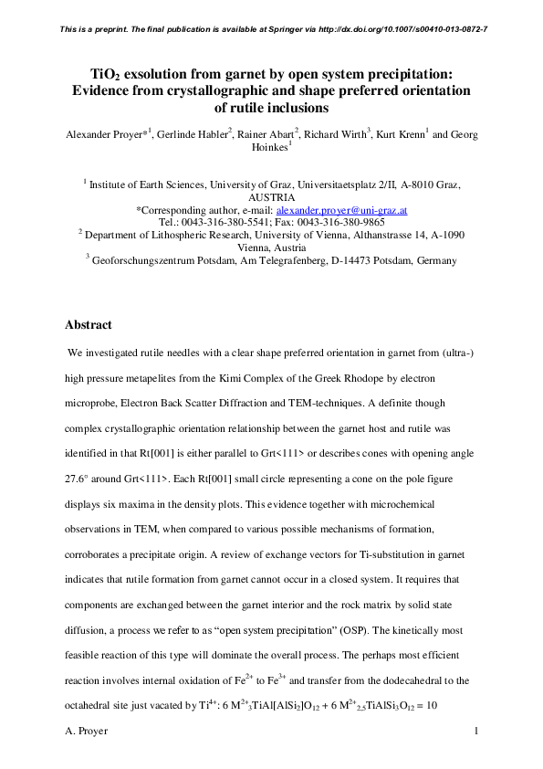 (PDF) TiO2 exsolution from garnet by open-system precipitation ...