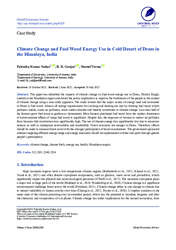 (PDF) Climate Change and Fuel Wood Energy Use in Cold Desert of Drass ...