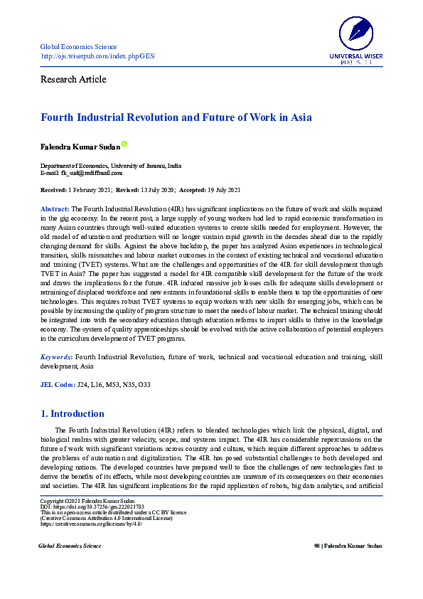 (PDF) Fourth Industrial Revolution and Future of Work in Asia