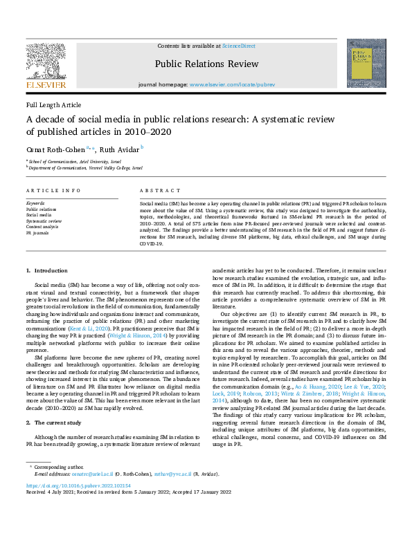 (PDF) A decade of social media in public relations research: A ...