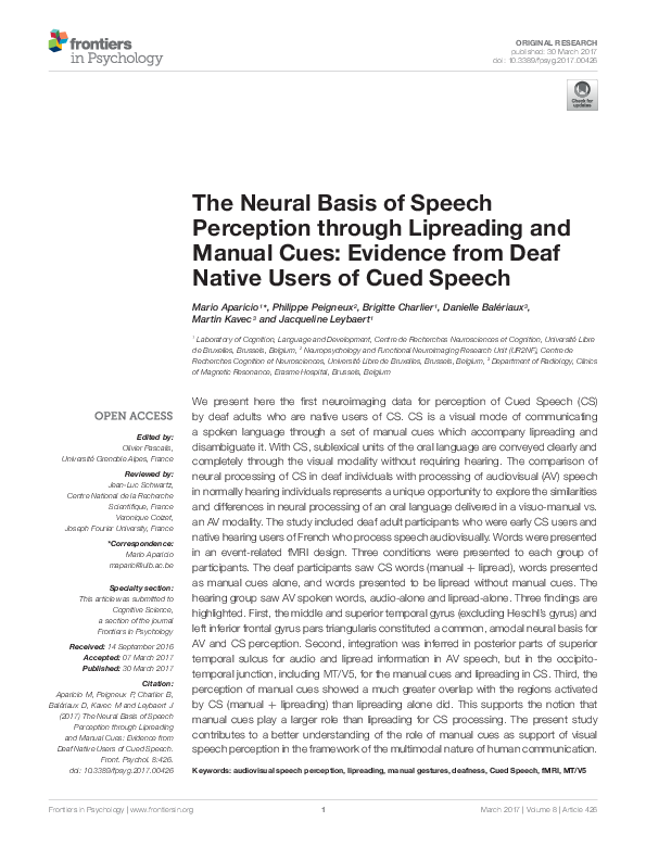 (PDF) The Neural Basis of Speech Perception through Lipreading and Manual Cues: Evidence from ...