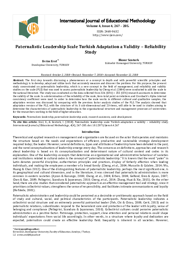 (PDF) Paternalistic Leadership Scale Turkish Adaptation a Validity – Reliability Study | evrim ...