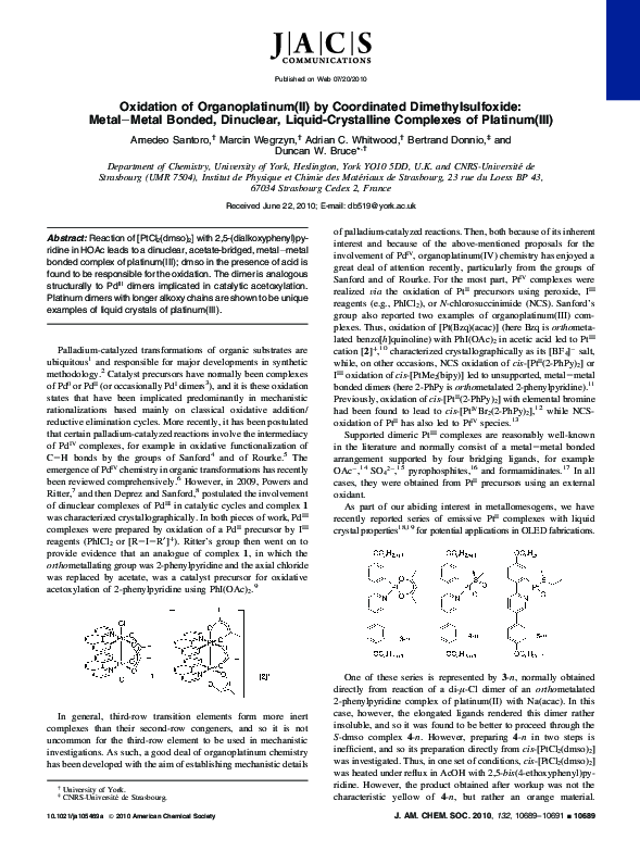(PDF) Oxidation of Organoplatinum(II) by Coordinated Dimethylsulfoxide: Metal−Metal Bonded ...