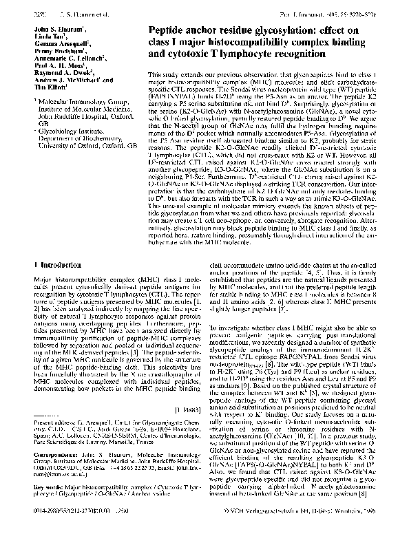 (PDF) Peptide anchor residue glycosylation: effect on class I major histocompatibility complex ...