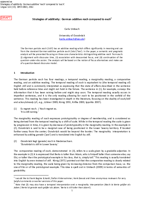 (PDF) Strategies of additivity: German additive noch compared to auch