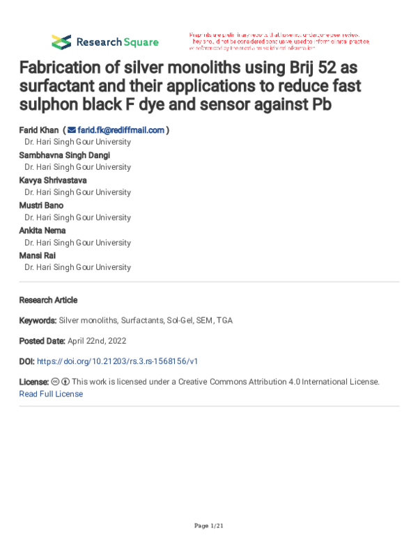 (PDF) Fabrication of silver monoliths using Brij 52 as surfactant and ...