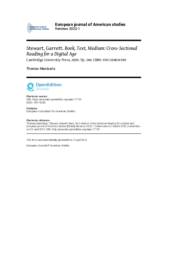 (PDF) Stewart, Garrett. Book, Text, Medium: Cross-Sectional Reading for a Digital Age