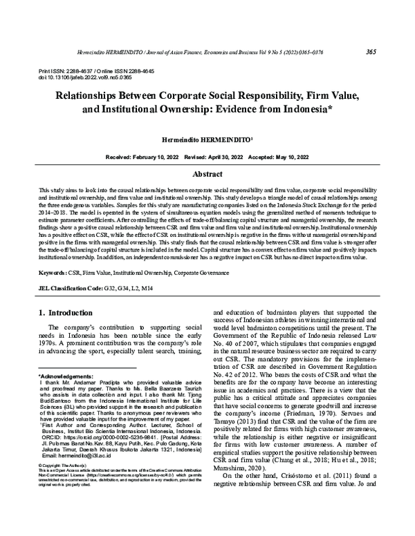 (PDF) Relationships Between Corporate Social Responsibility, Firm Value, and Institutional ...