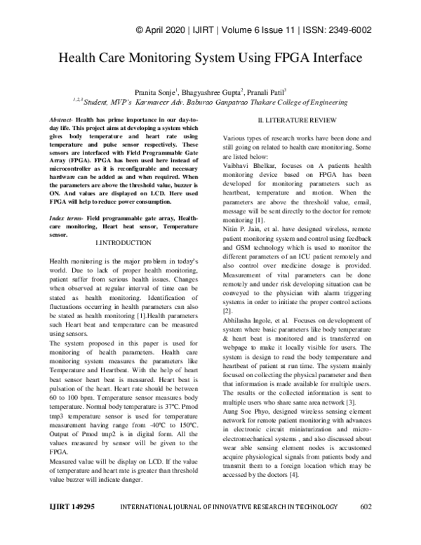 (PDF) Health Care Monitoring System Using FPGA Interface