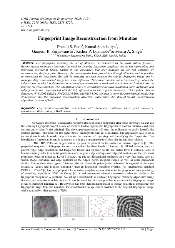(PDF) Fingerprint Image Reconstruction from Minutiae
