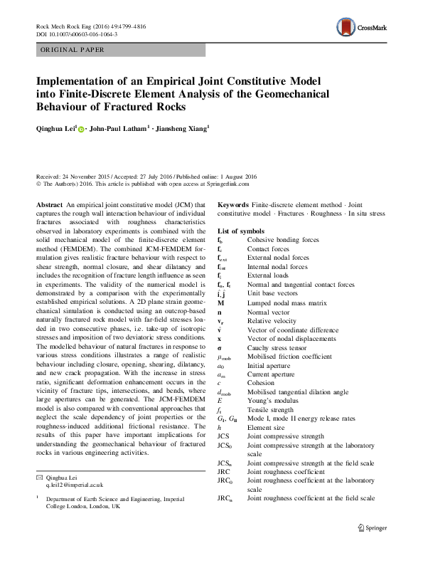 (PDF) Implementation of an Empirical Joint Constitutive Model into Finite-Discrete Element ...