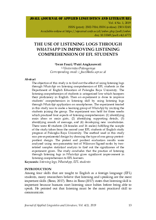 (PDF) The Use of Listening Logs Through Whatsapp in Improving Listening ...