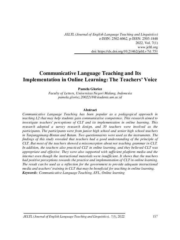 (PDF) Communicative Language Teaching and Its Implementation in Online Learning: The Teachers’ Voice