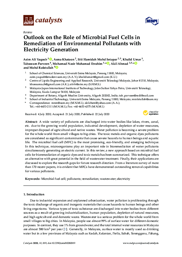 (PDF) Outlook on the Role of Microbial Fuel Cells in Remediation of Environmental Pollutants ...