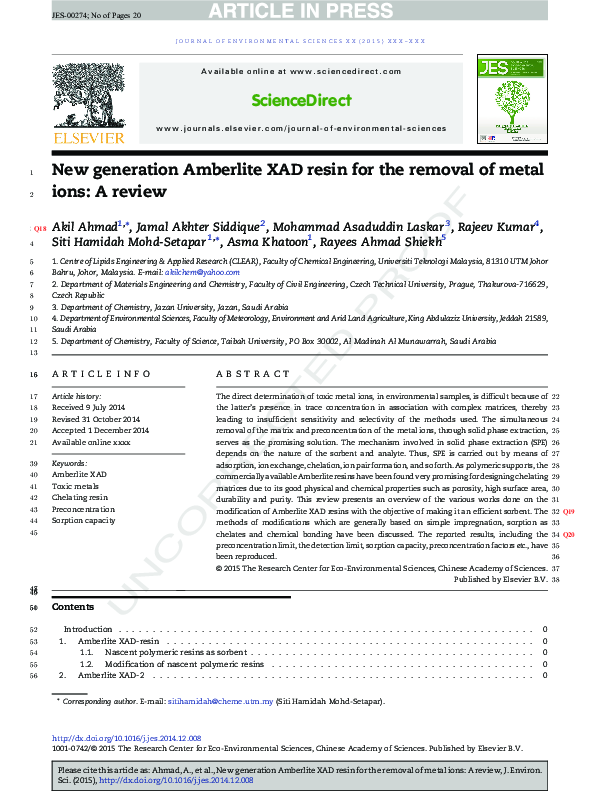 (PDF) New generation Amberlite XAD resin for the removal of metal ions ...