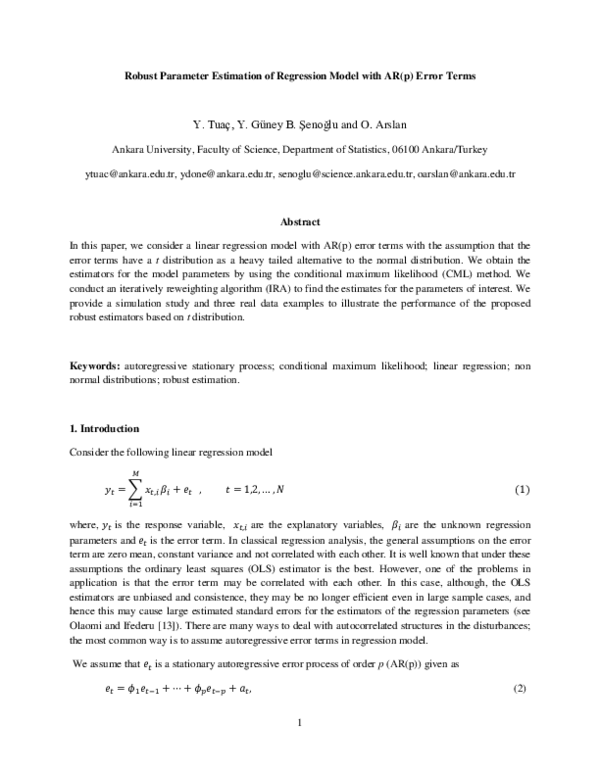 (PDF) Robust parameter estimation of regression model with AR(p) error ...