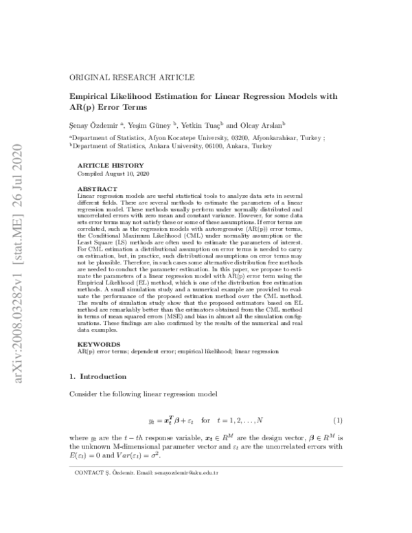 Pdf Empirical Likelihood Estimation For Linear Regression Models With Arp Error Terms With
