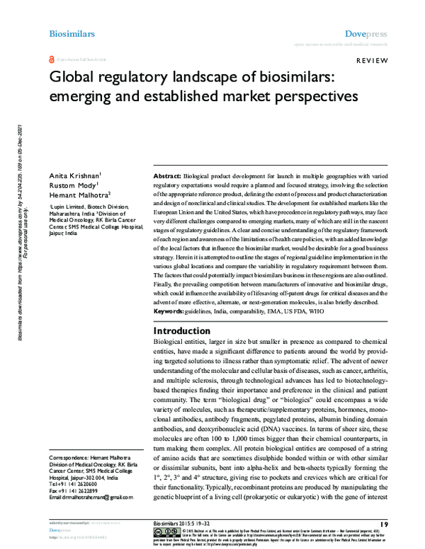 (PDF) Global regulatory landscape of biosimilars: emerging and ...
