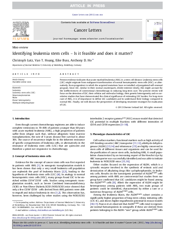 (PDF) Identifying leukemia stem cells – Is it feasible and does it matter?