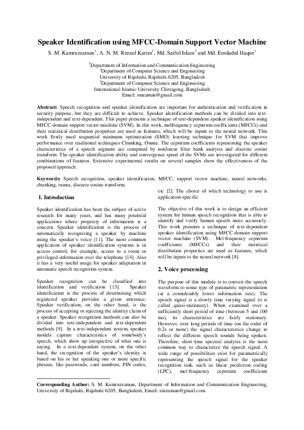 Pdf Speaker Identification Using Mfcc Domain Support Vector Machine