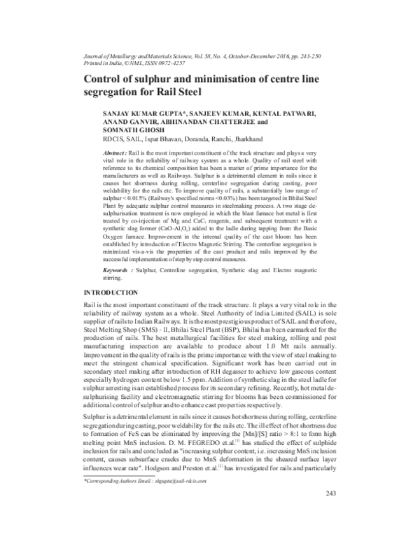 (PDF) Control of sulphur and minimisation of centre line segregation ...