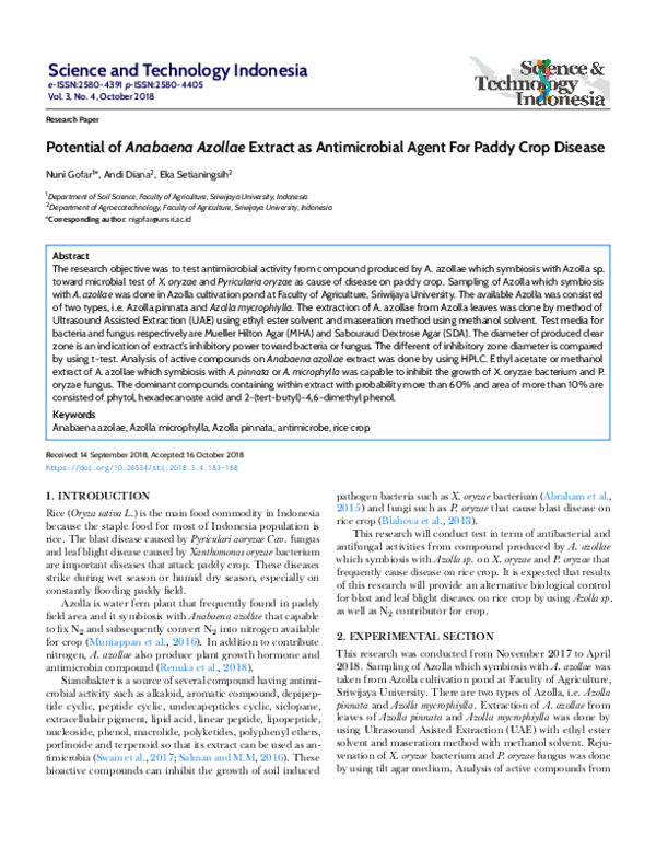 (PDF) Potential of Anabaena Azollae Extract as Antimicrobial Agent For ...