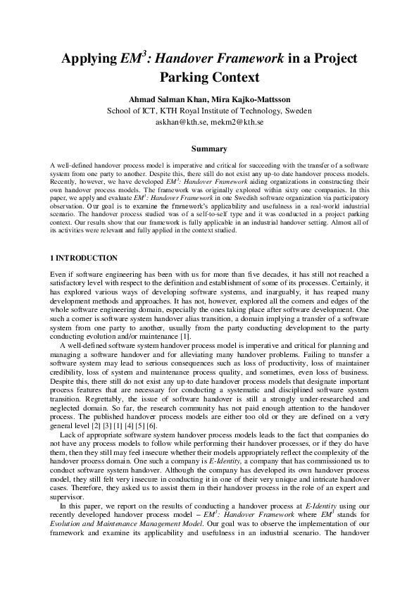 (PDF) Handover Framework in a Project Parking Context