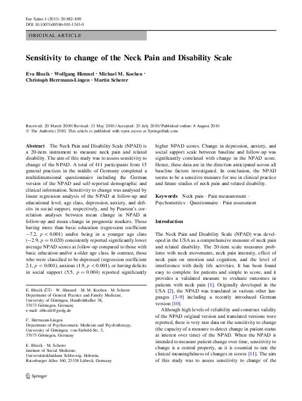(PDF) Sensitivity to change of the Neck Pain and Disability Scale
