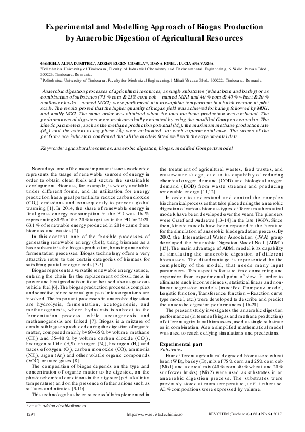 Pdf Experimental And Modelling Approach Of Biogas Production By Anaerobic Digestion Of