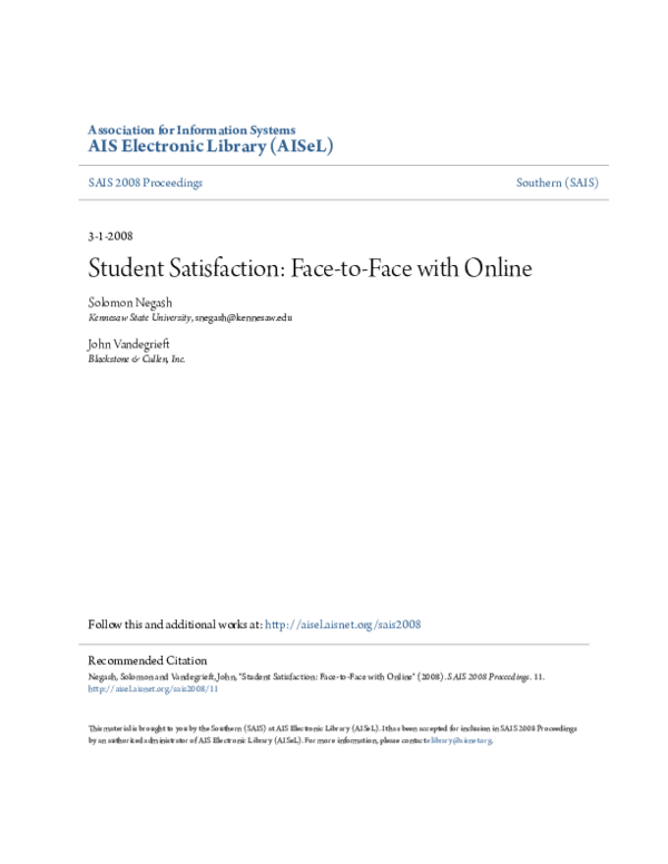 (PDF) Student Satisfaction: Face-to-Face with Online