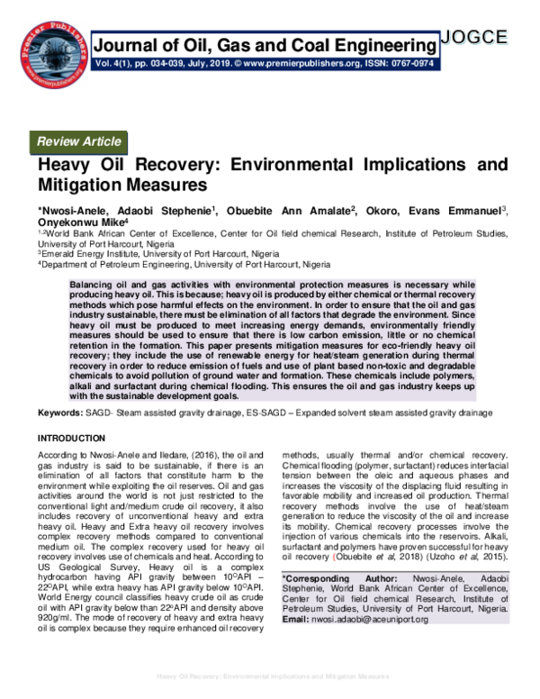 (PDF) Heavy Oil Recovery: Environmental Implications and Mitigation Measures