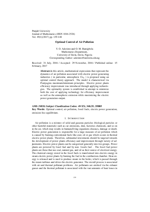 (PDF) Optimal Control of Air Pollution