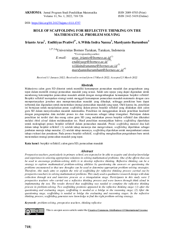 (PDF) Role of Scaffolding for Reflective Thinking on the Mathematical Problem Solving