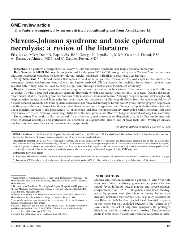 (PDF) Stevens-Johnson syndrome and toxic epidermal necrolysis: a review of the literature