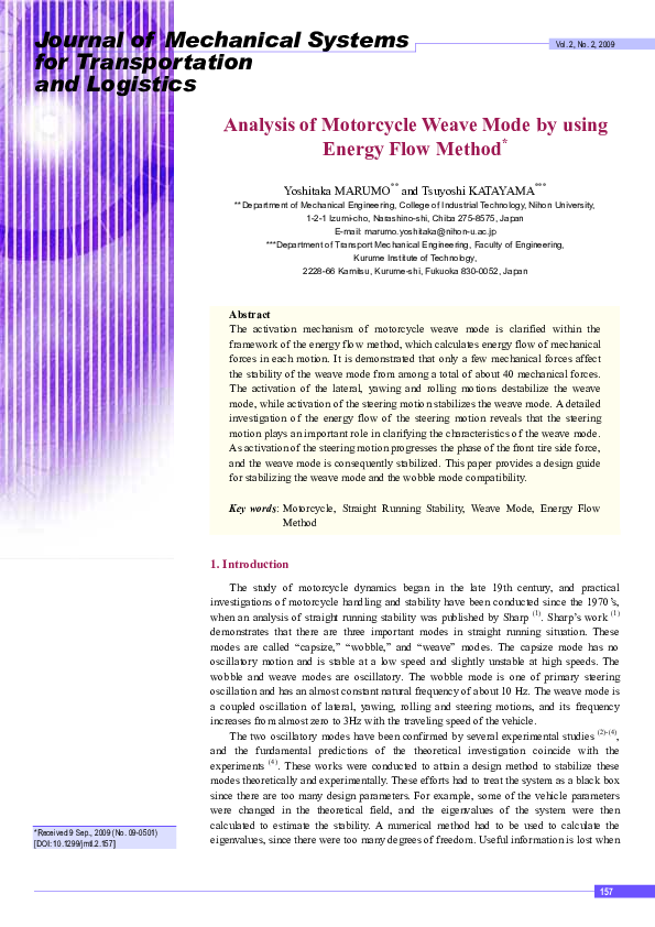 (PDF) Analysis of Motorcycle Weave Mode by using Energy Flow Method