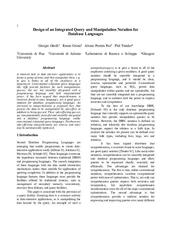 (DOC) Design of an integrated query and manipulation notation for database languages
