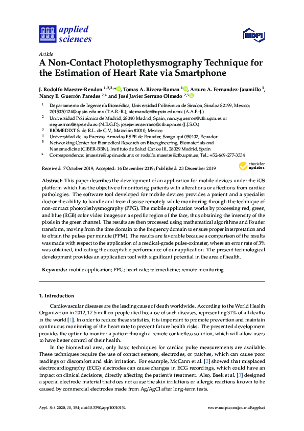 Pdf A Non Contact Photoplethysmography Technique For The Estimation Of Heart Rate Via Smartphone