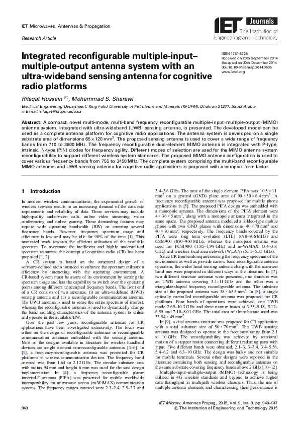 (PDF) Integrated reconfigurable multiple‐input–multiple‐output antenna system with an ultra ...