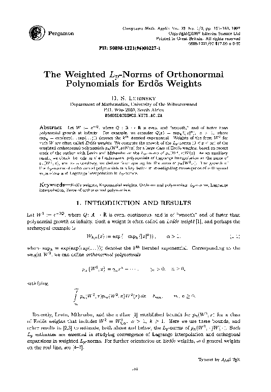 (PDF) The weighted Lp-norms of orthonormal polynomials for Erdös weights