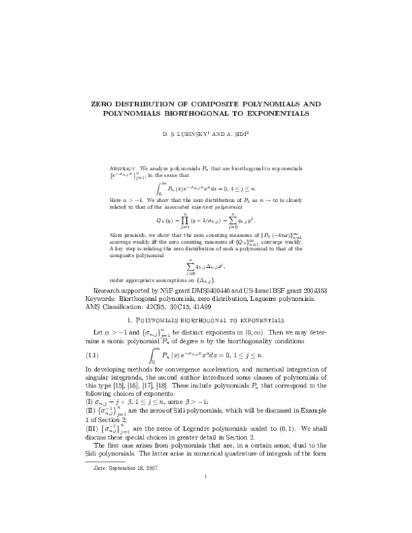 (PDF) Zero Distribution of Composite Polynomials and Polynomials Biorthogonal to Exponentials ...