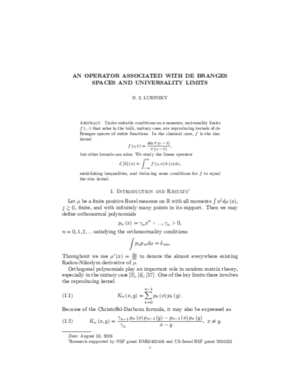 (PDF) An operator associated with de Branges spaces and universality limits