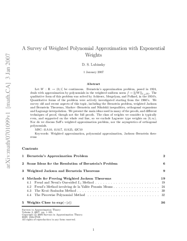 (PDF) A Survey of Weighted Polynomial Approximation with Exponential Weights