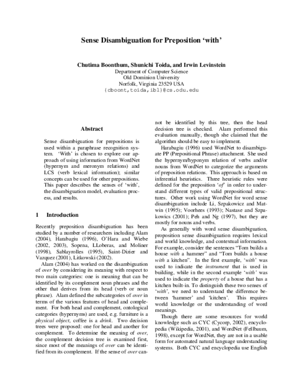 (PDF) Sense disambiguation for preposition ‘with’