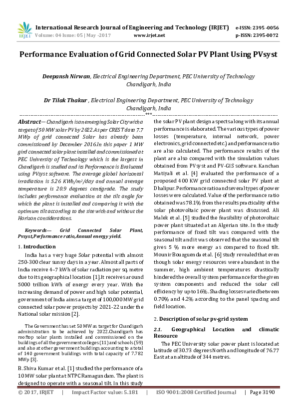 Pdf Performance Evaluation Of Grid Connected Solar Pv Plant Using Pvsyst